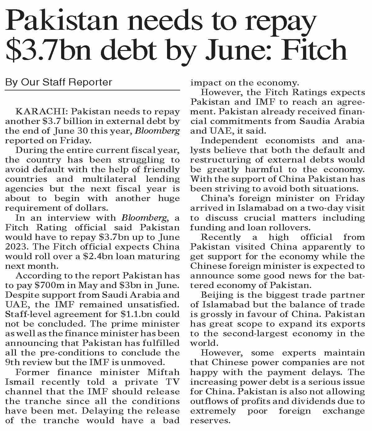 Dawn-ePaper | May 06, 2023 | Pakistan needs to repay $3.7bn debt by ...