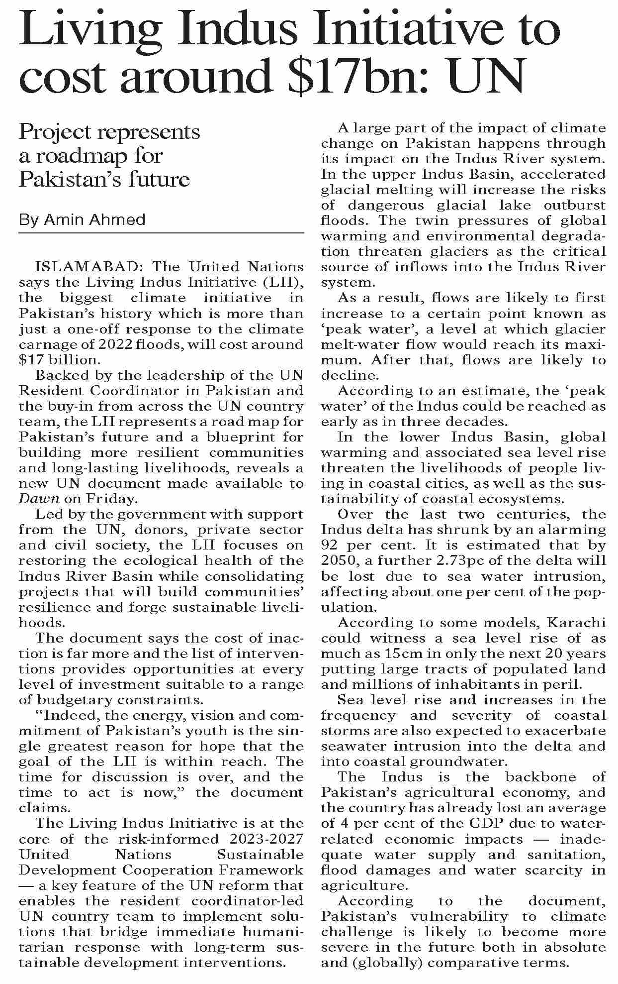 Dawn-ePaper | May 13, 2023 | Living Indus Initiative to cost around ...