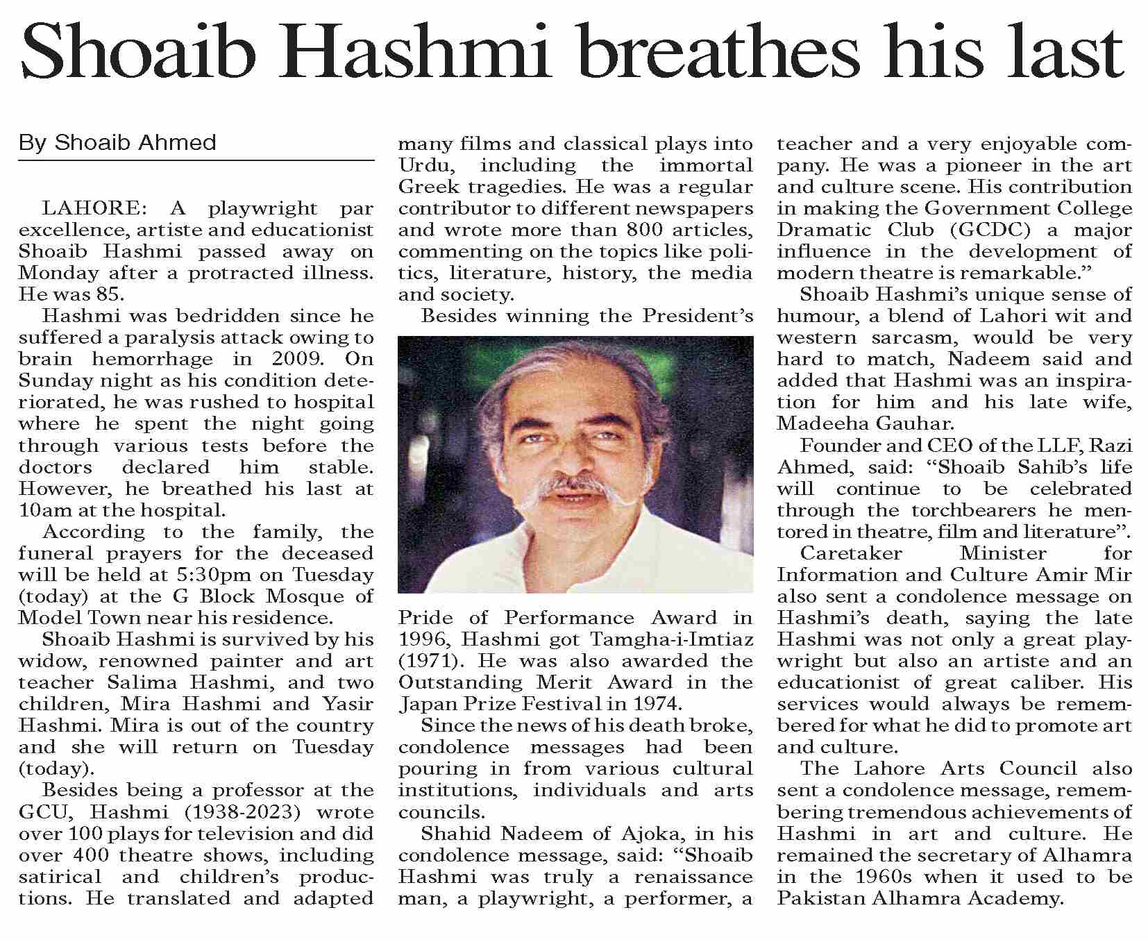 Dawn-ePaper | May 16, 2023 | Shoaib Hashmi breathes his last