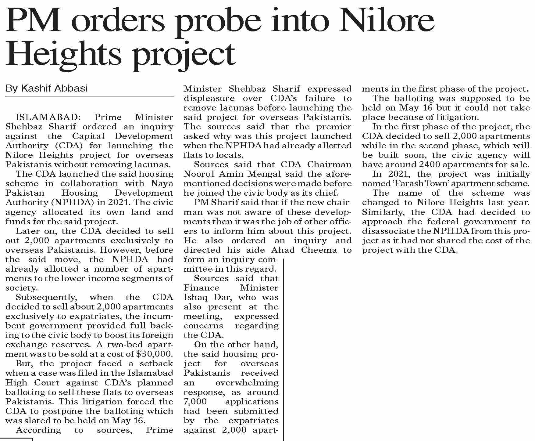 Dawn-ePaper | May 25, 2023 | PM orders probe into Nilore Heights project