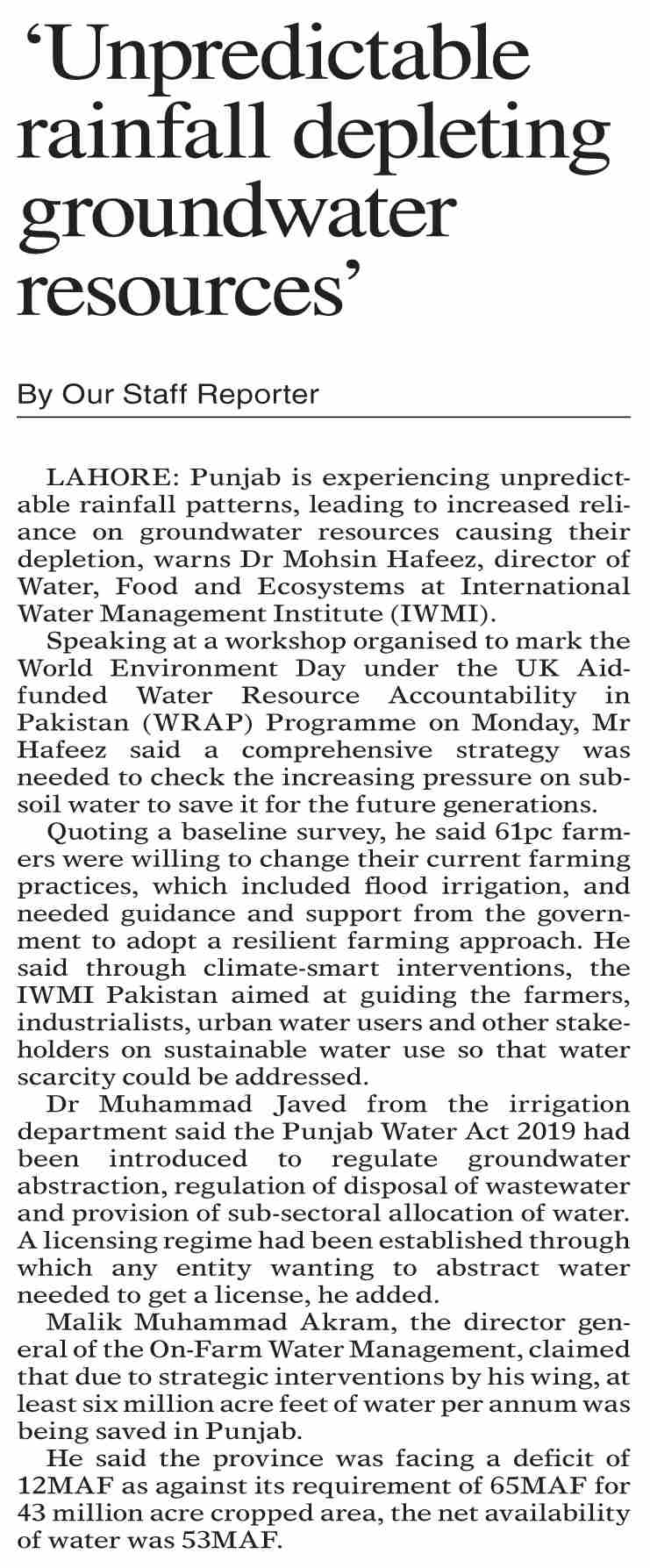 Dawn-ePaper | Jun 06, 2023 | `Unpredictable rainfall depleting ...