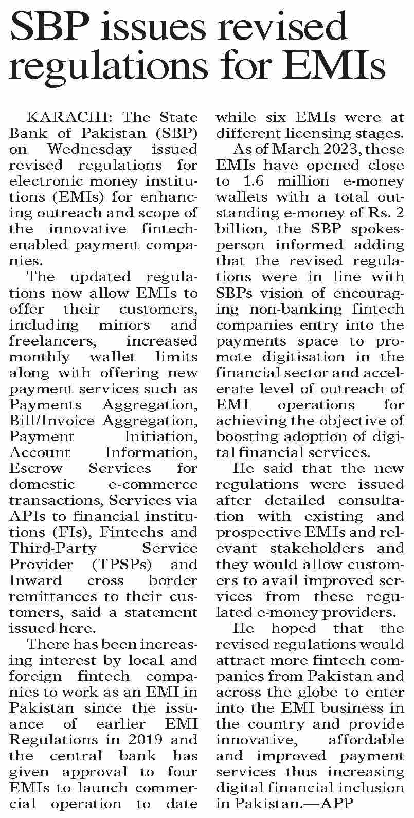 Dawn-ePaper | Jun 22, 2023 | SBP issues revised regulations for EMIs