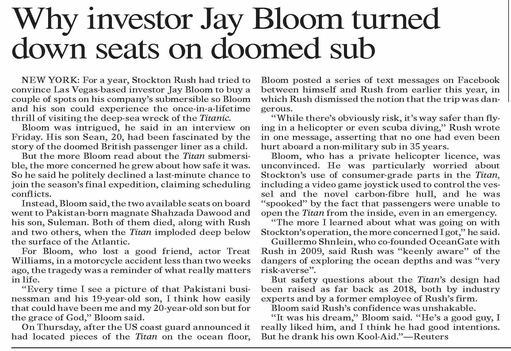 Dawn-ePaper | Jun 24, 2023 | Why investor Jay Bloom turned down seats ...