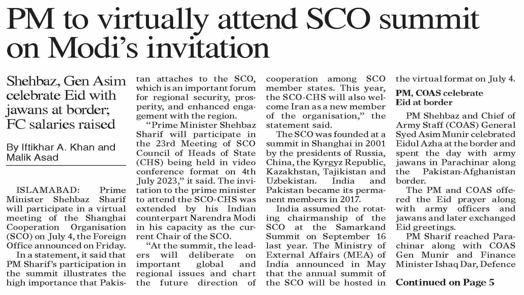Dawn-ePaper | Jul 02, 2023 | PM to virtually attend SCO summit