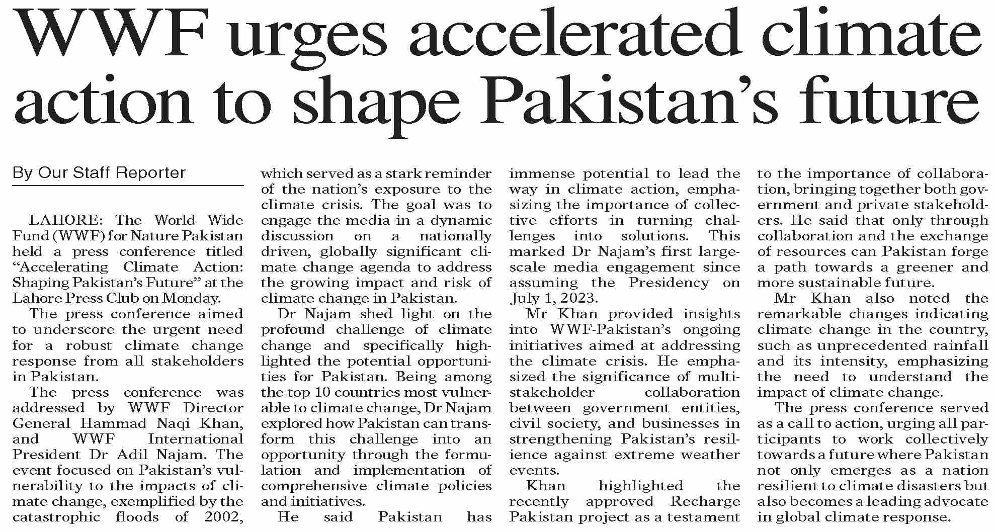 Dawn-ePaper | Jul 18, 2023 | WWF urges accelerated climate action to ...