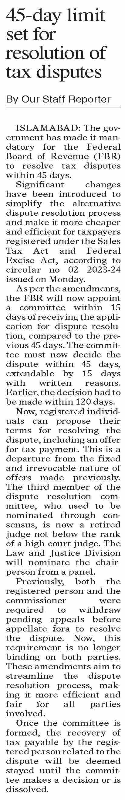 Dawn-ePaper | Jul 25, 2023 | 45-day limit set for resolution of tax ... Dawn-ePaper | Jul 25, 2023 | 45-day limit set for resolution of tax ...