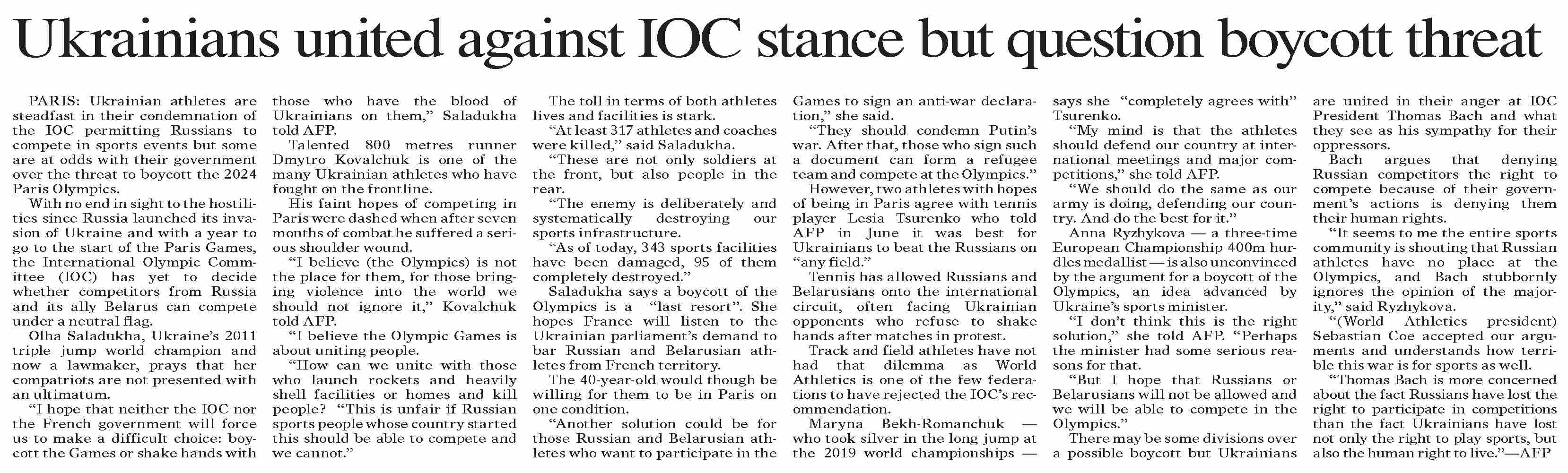 Dawn-ePaper | Jul 25, 2023 | Ukrainians united against IOC stance but question boycott threat