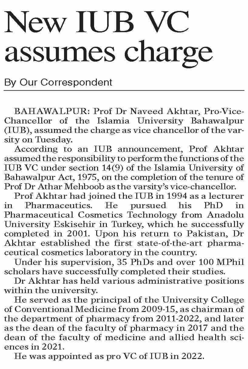 Dawn-ePaper | Jul 26, 2023 | New IUB VC assumes charge