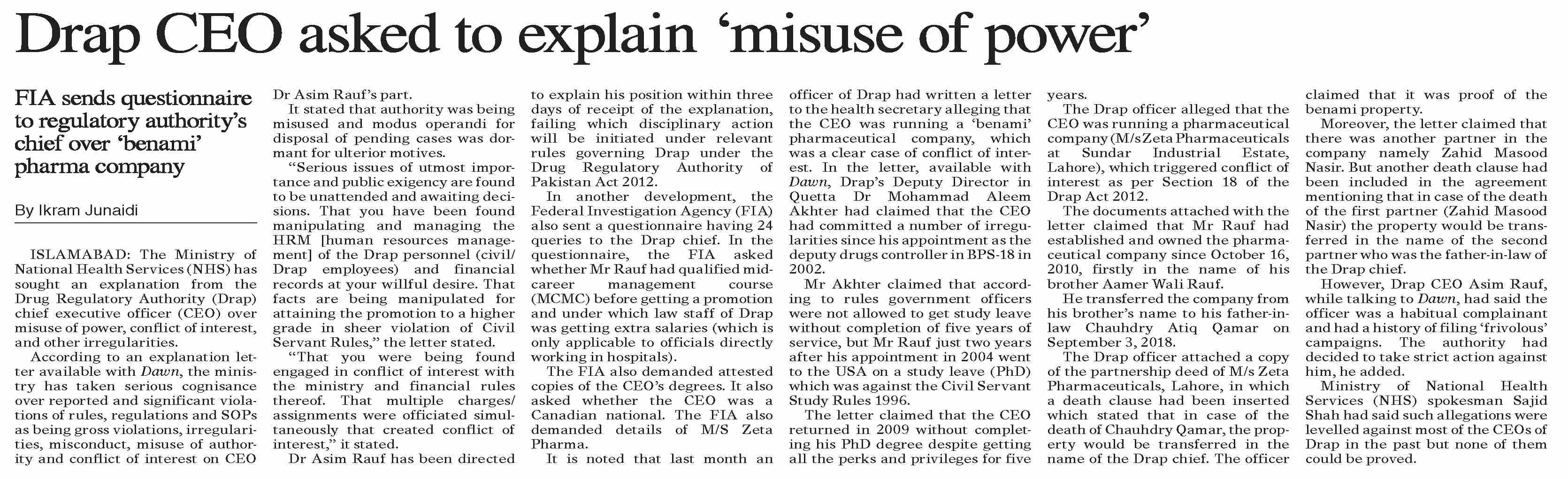 Dawn-ePaper | Aug 01, 2023 | Drap CEO asked to explain `misuse of power`