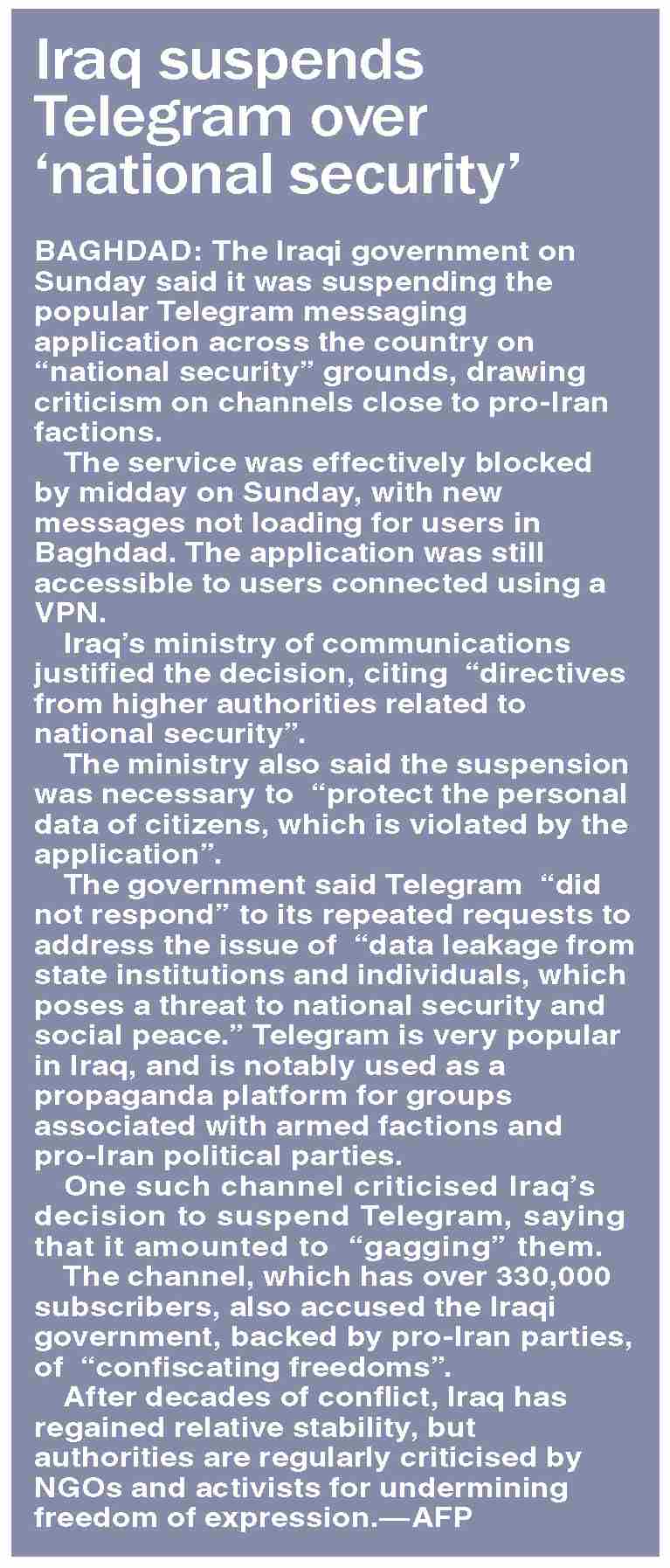 Dawn-ePaper | Aug 07, 2023 | Iraq suspends Telegram over national security