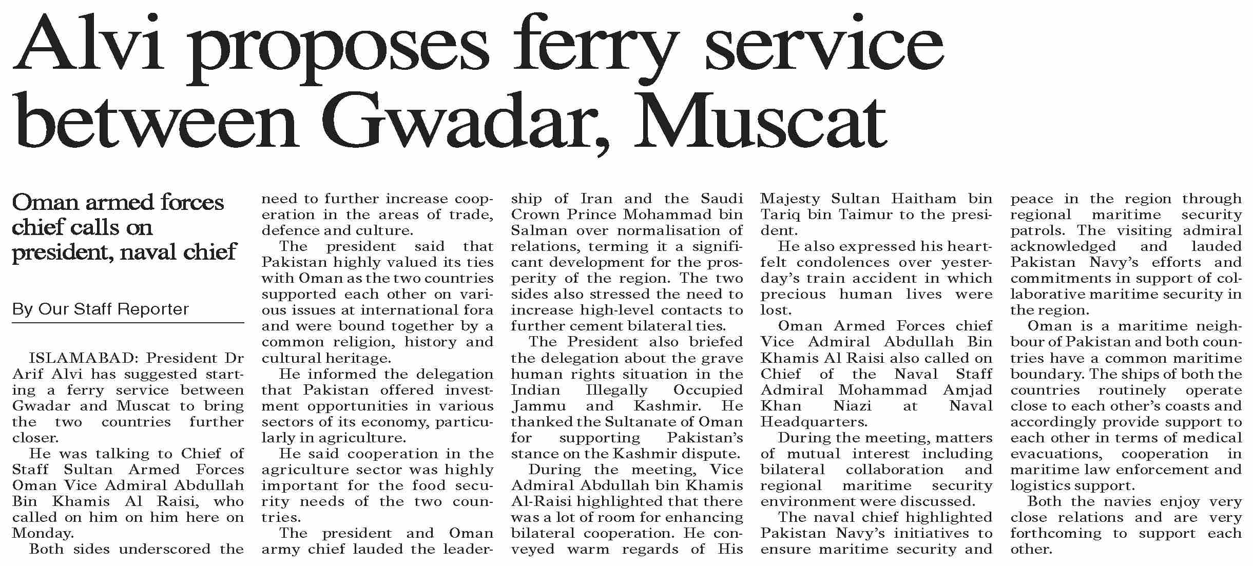 Dawn-ePaper | Aug 08, 2023 | Alvi proposes ferry service between Gwadar ...