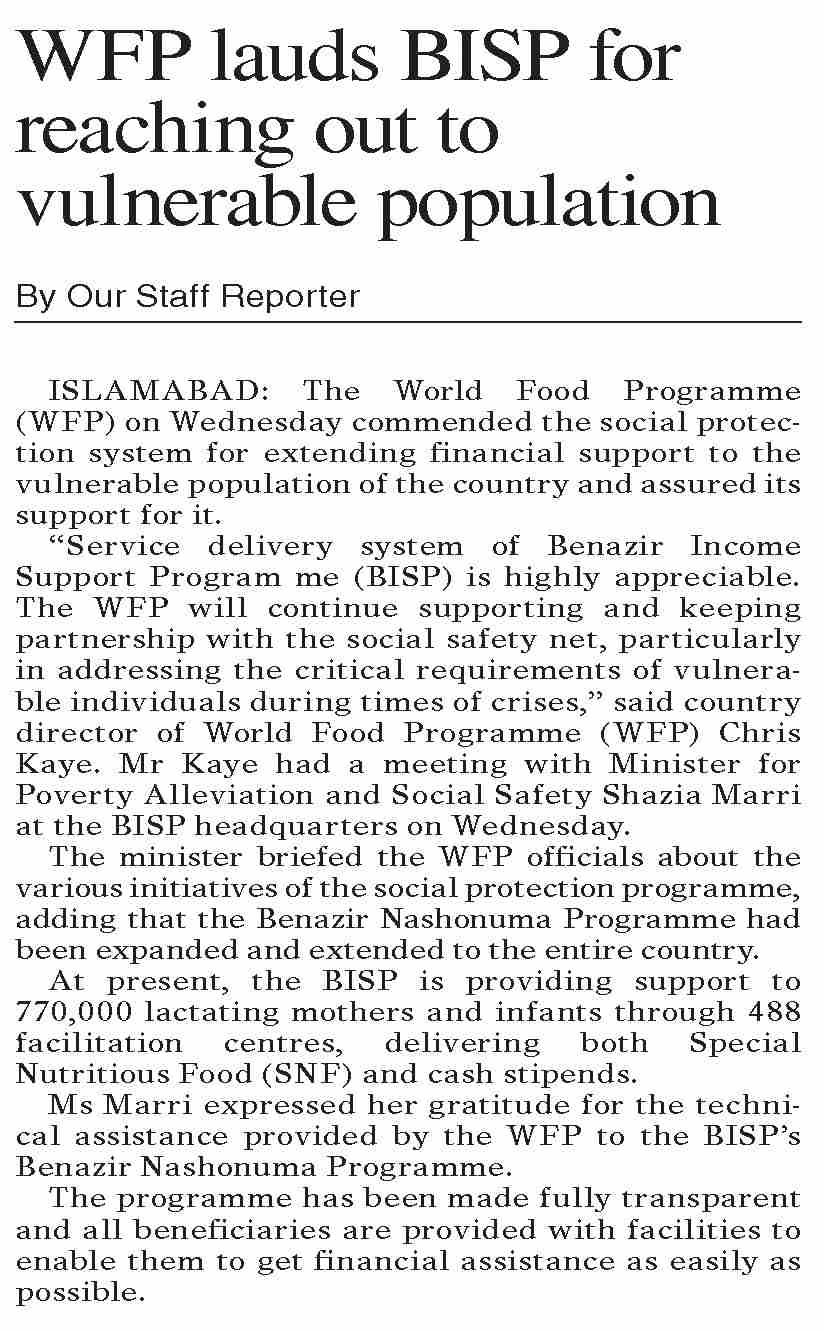 Dawn-ePaper | Aug 10, 2023 | WFP lauds BISP for reaching out to ...