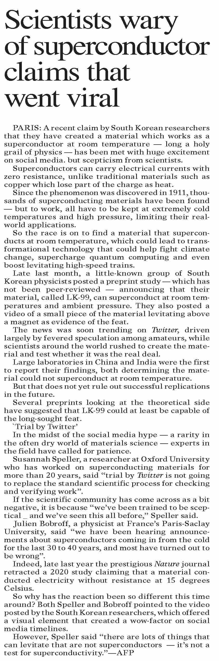 Dawn-ePaper | Aug 10, 2023 | Scientists wary of superconductor claims ...