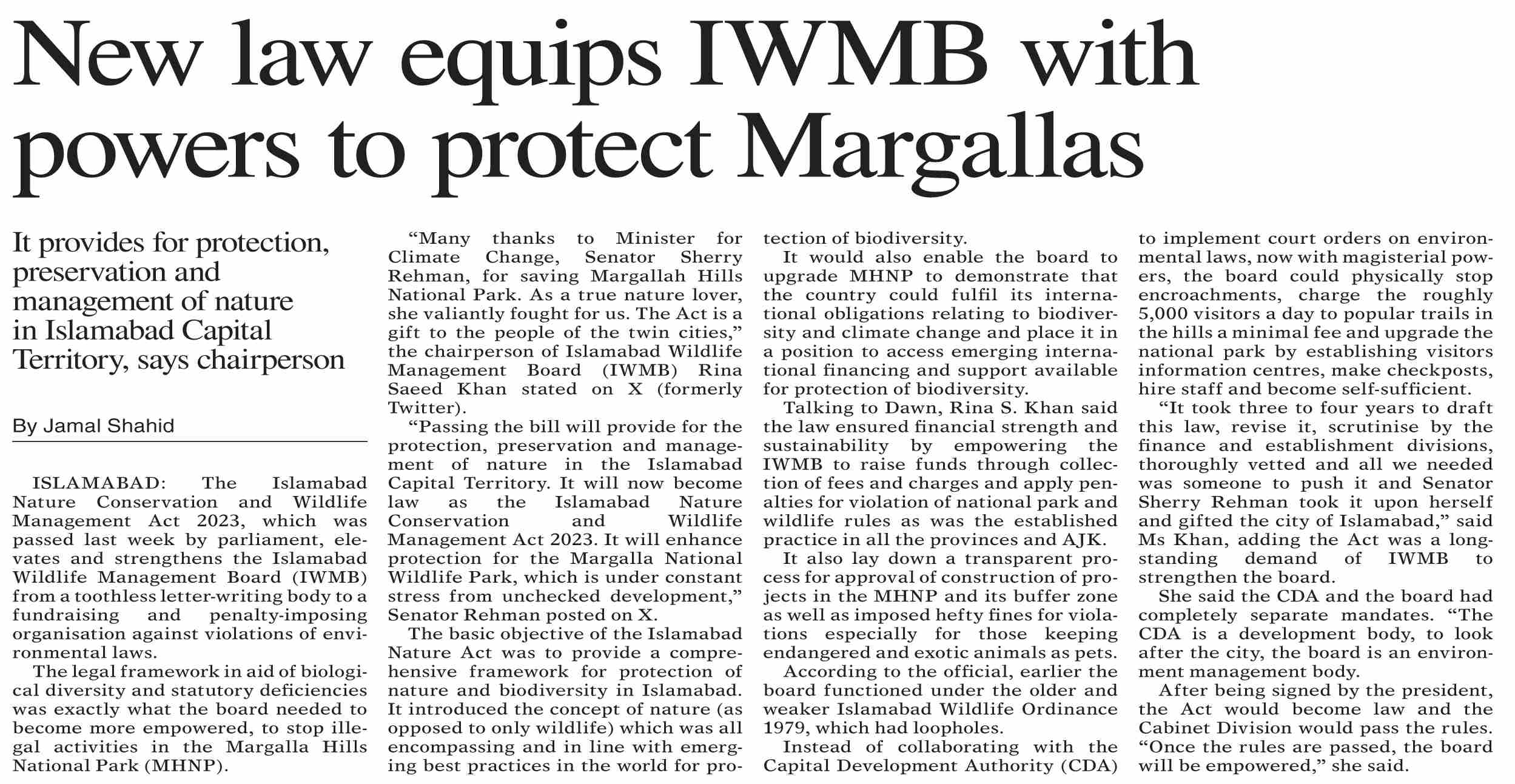 Dawn-ePaper | Aug 14, 2023 | New law equips IWMB with powers to protect ...