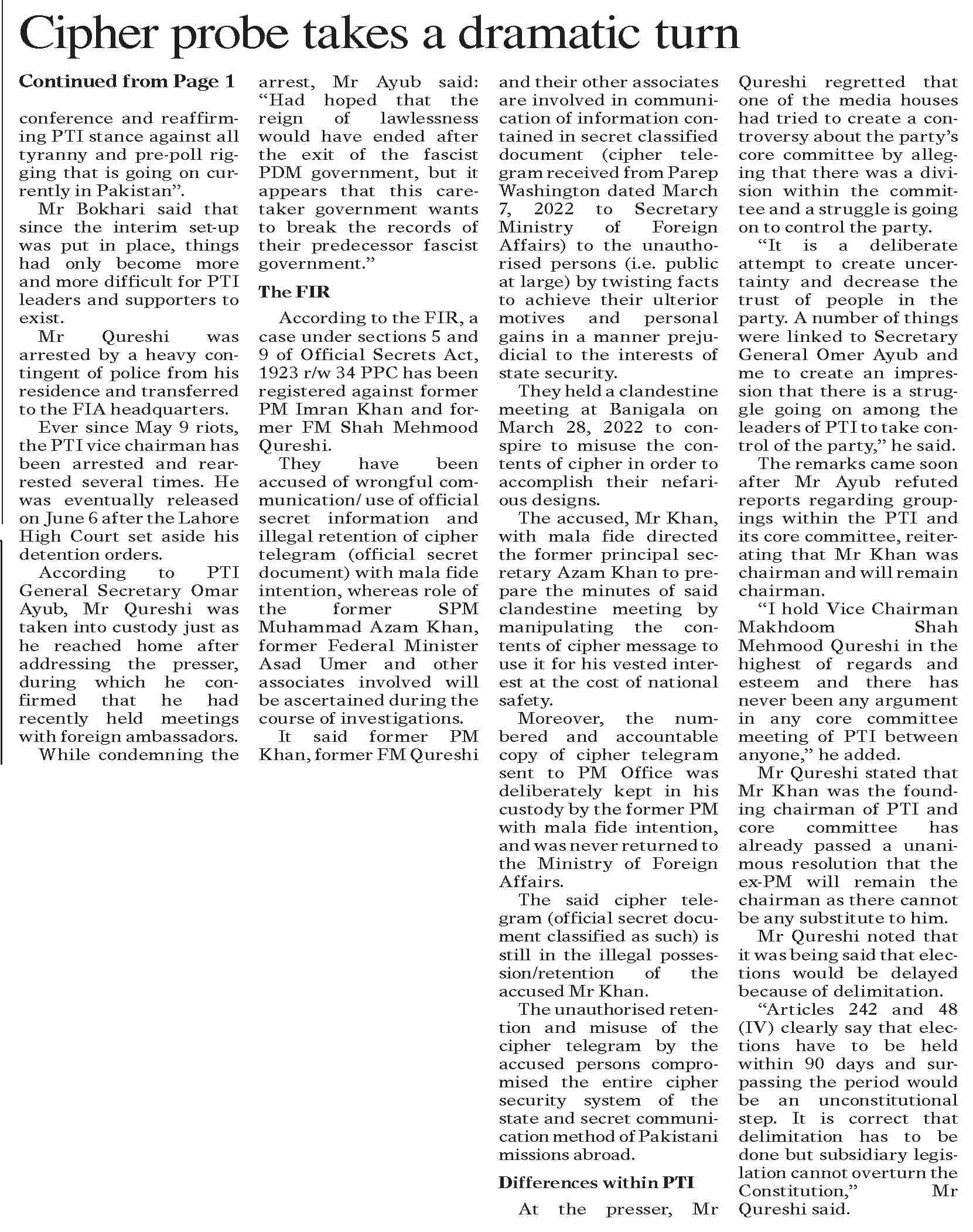 Dawn-ePaper | Aug 20, 2023 | Cipher probe takes a dramatic turn as FIA ...