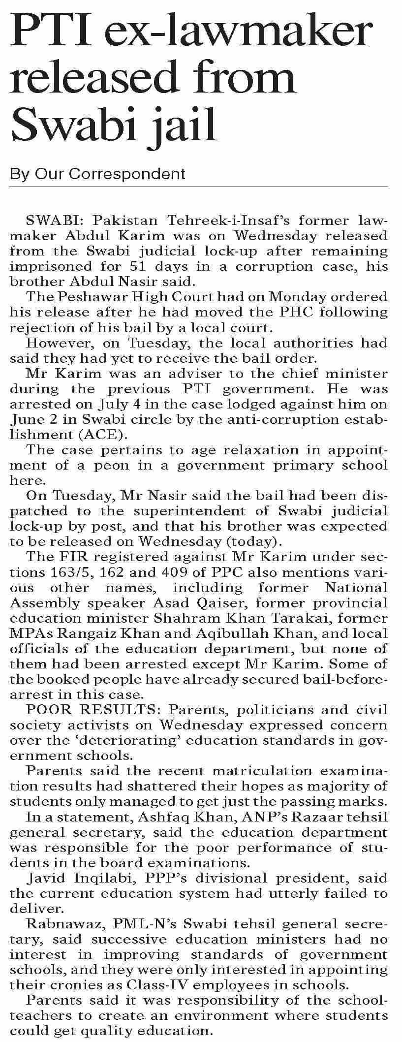 Dawn-ePaper | Aug 24, 2023 | PTI ex-lawmaker released from Swabi jail