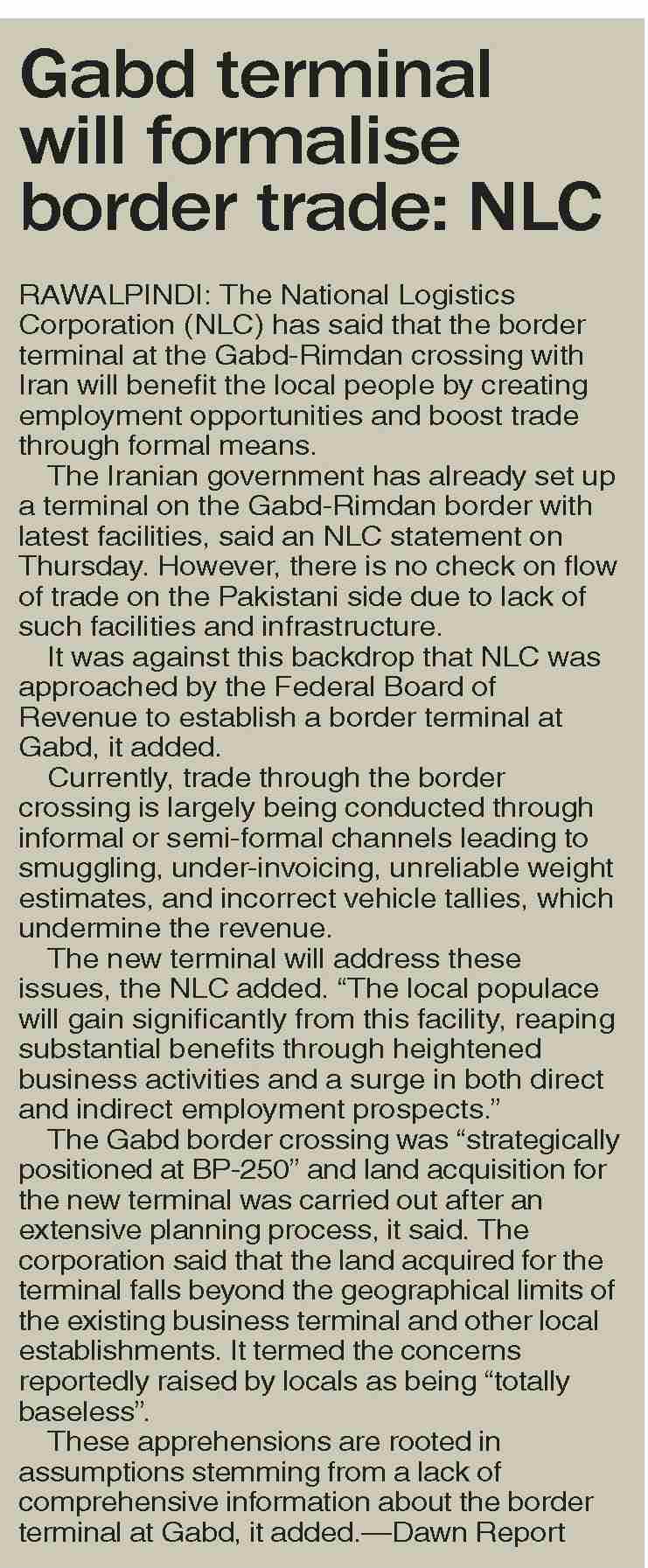 Dawn-ePaper | Aug 25, 2023 | Gabd terminal will formalise border trade: NLC