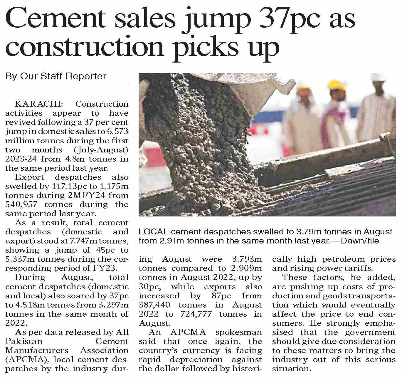 Dawn-ePaper | Sep 05, 2023 | Cement sales jump 37pc as construction ...