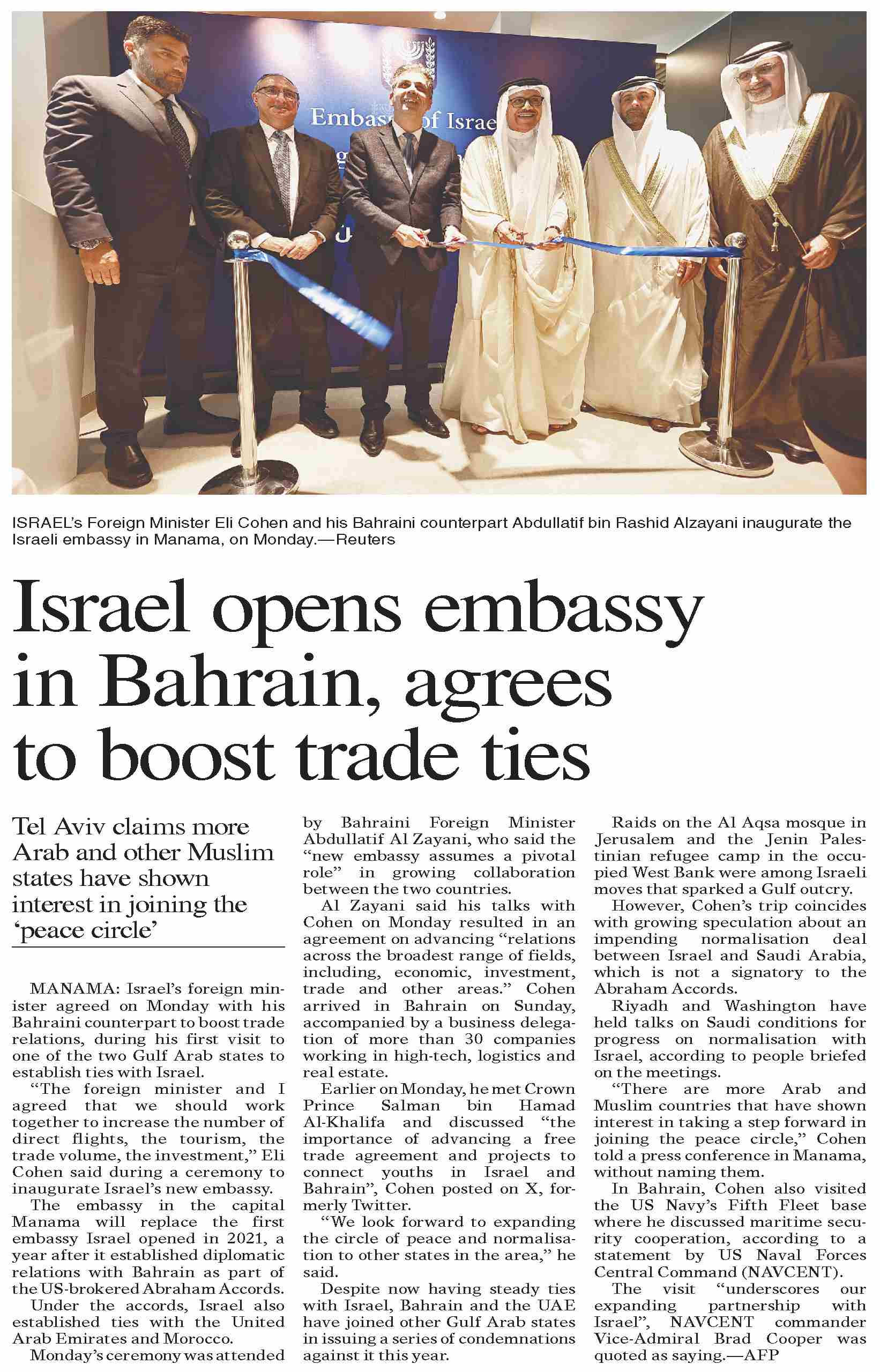 Dawn-ePaper | Sep 05, 2023 | Israel opens embassy in Bahrain, agrees to ...