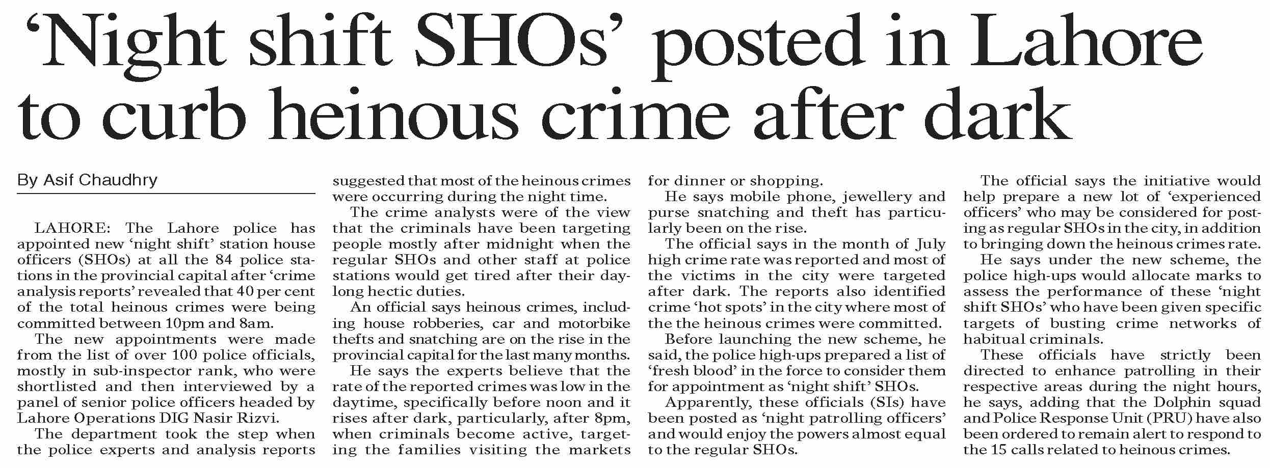 Dawn-ePaper | Sep 14, 2023 | `Night shift SHOs` posted in Lahore to ...