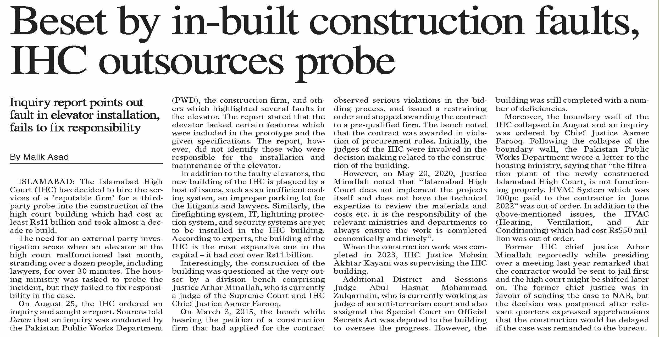 Dawn-ePaper | Sep 14, 2023 | Beset by in-built construction faults, IHC ...