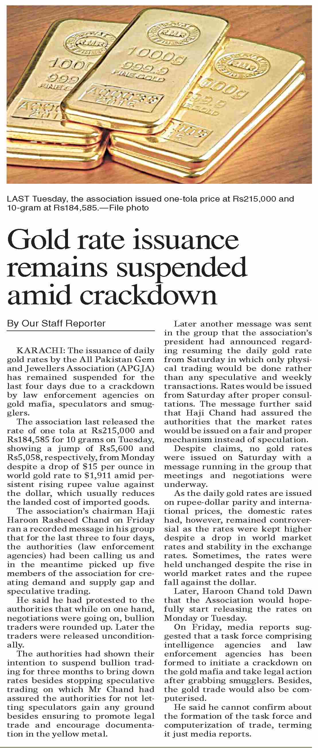 Dawn-ePaper | Sep 17, 2023 | Gold rate issuance remains suspended amid ...