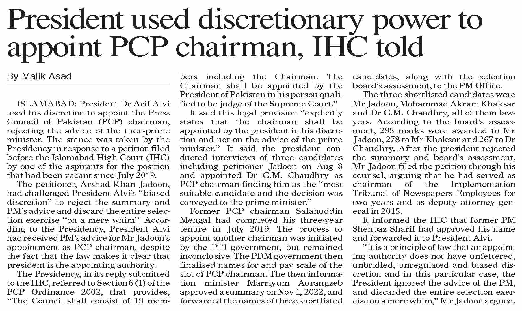 Dawn-ePaper | Oct 21, 2023 | President used discretionary power to ...