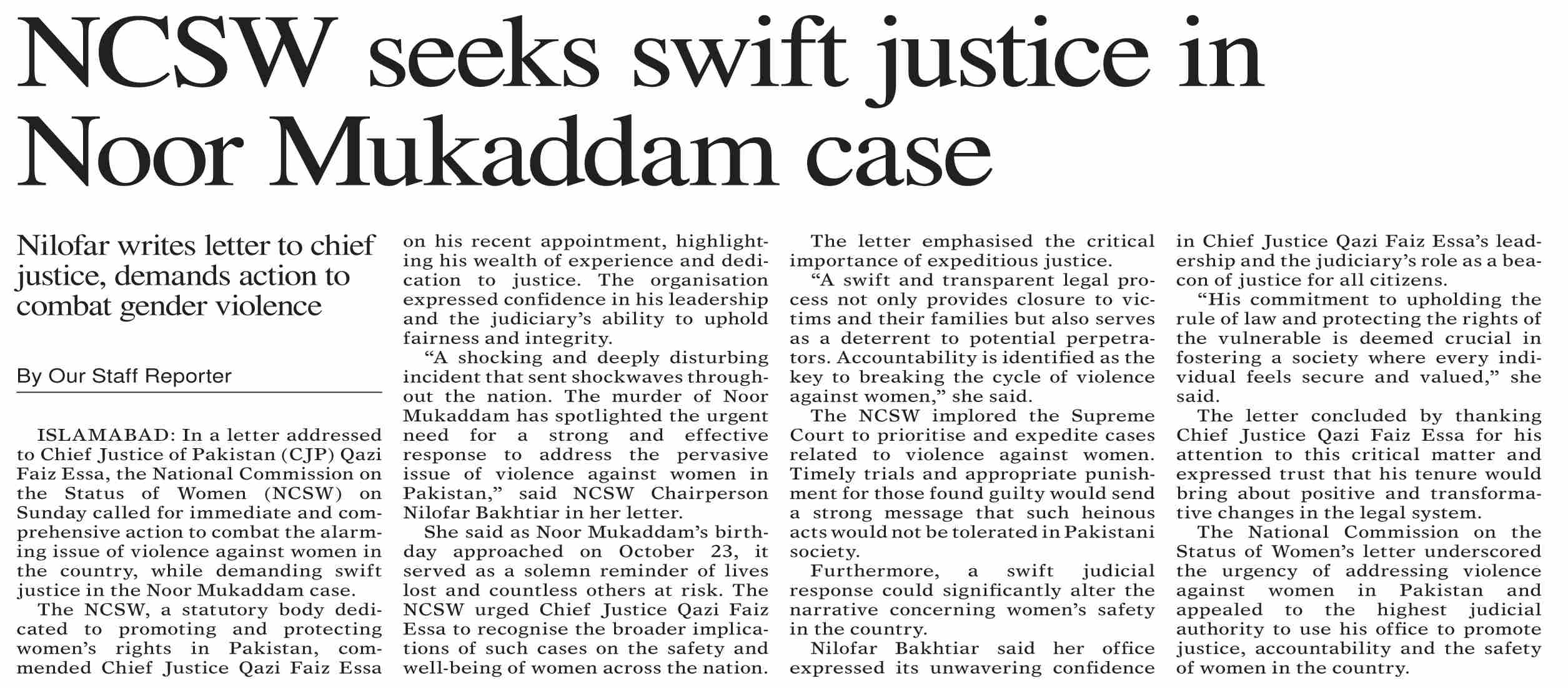 Dawn-ePaper | Oct 23, 2023 | NCSW seeks swift justice in Noor Mukaddam case