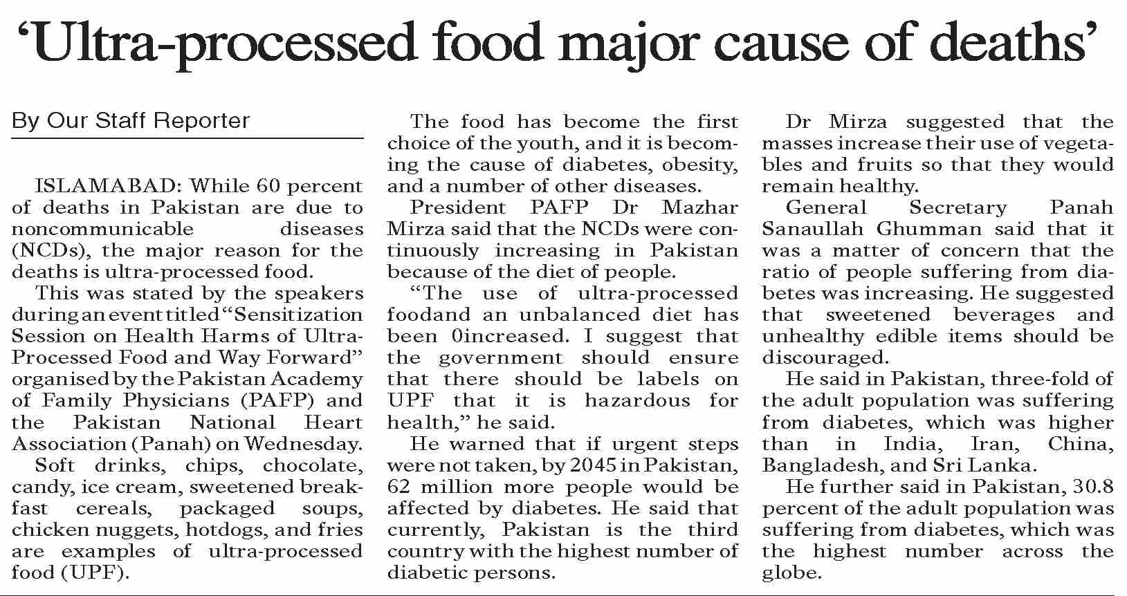 Dawn-ePaper | Oct 26, 2023 | `Ultra-processed food major cause of deaths`