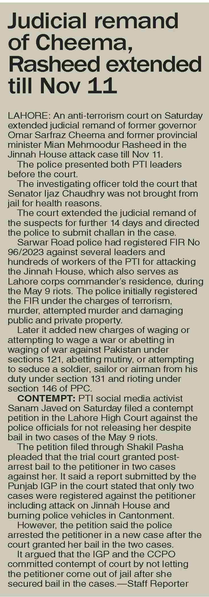 Dawn-ePaper | Oct 29, 2023 | Judicial remand of Cheema, Rasheed ...