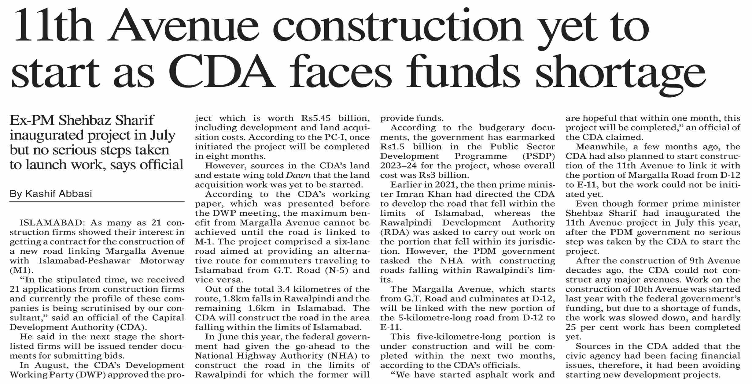 Dawn-ePaper | Oct 30, 2023 | 11th Avenue construction yet to start as ...