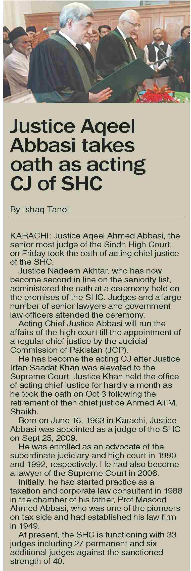 Dawn-ePaper | Nov 04, 2023 | Justice Ageel Abbasi takes oath as acting ...