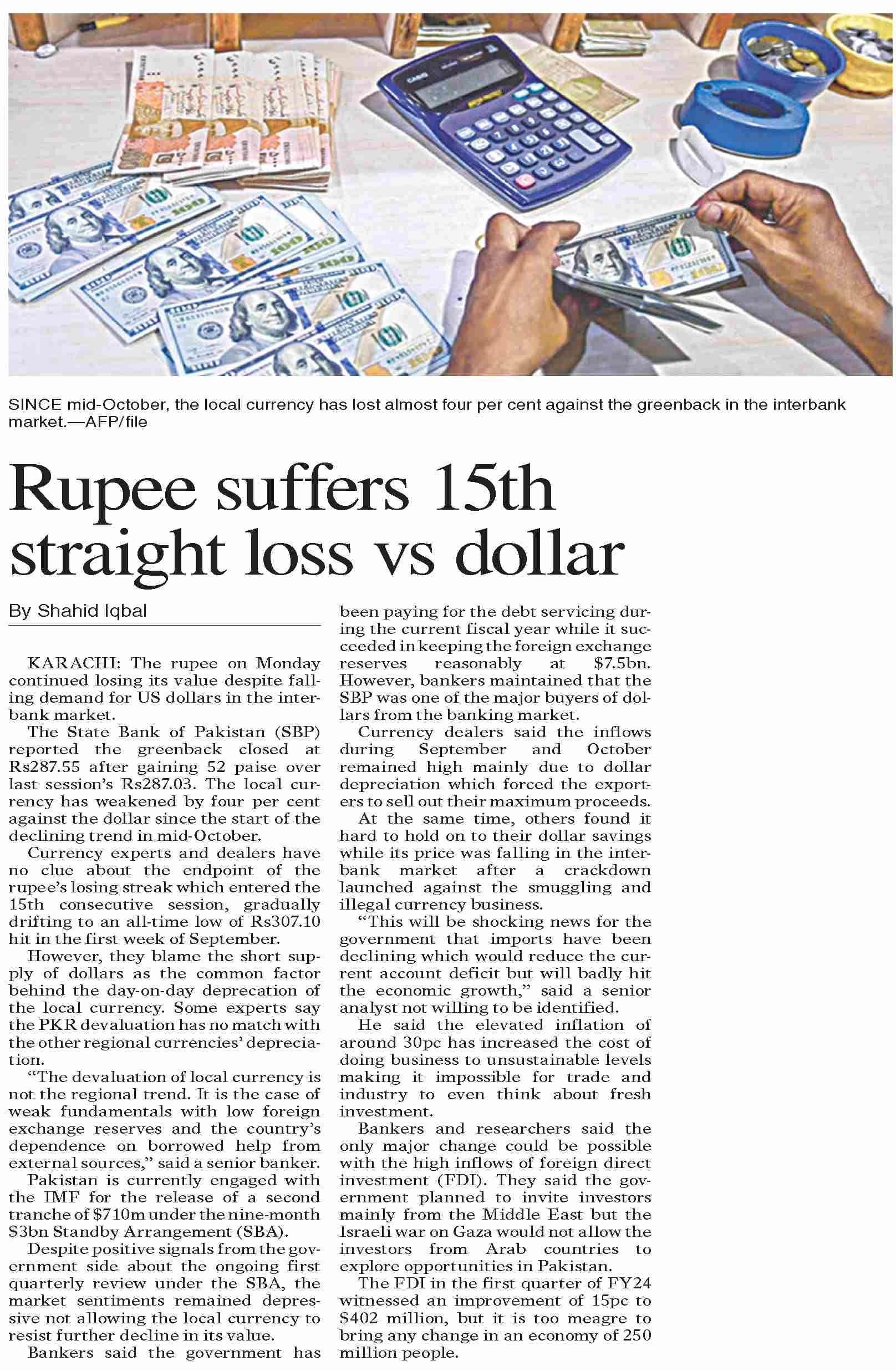 Dawn-ePaper | Nov 14, 2023 | Rupee suffers 15th straight loss vs dollar