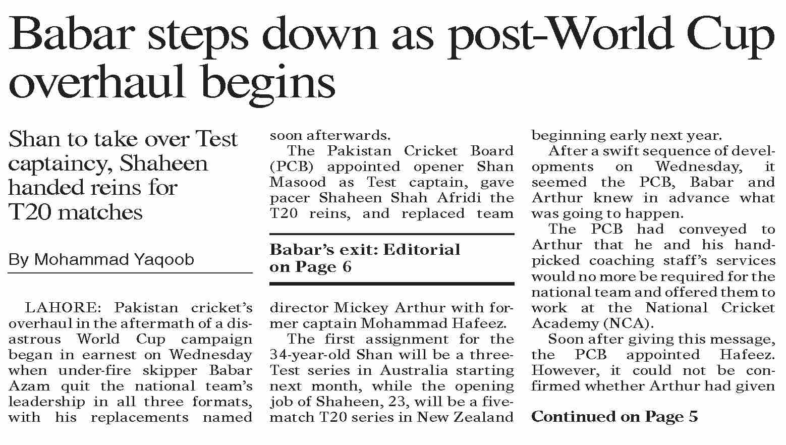 Dawn-ePaper | Nov 16, 2023 | Babar steps down as post-World Cup overhaul begins