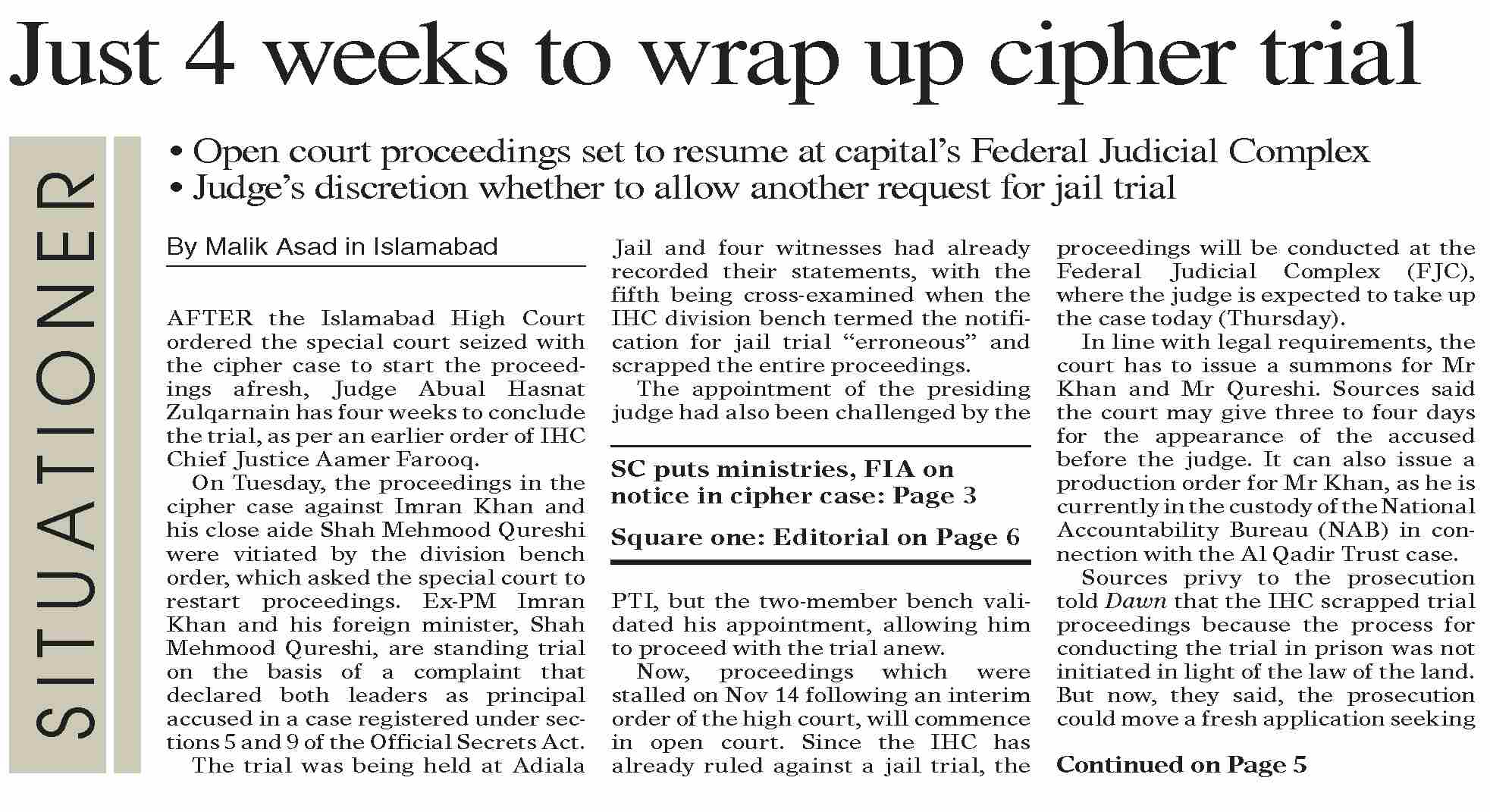 Dawn-ePaper | Nov 23, 2023 | Just 4 weeks to wrap up cipher trial