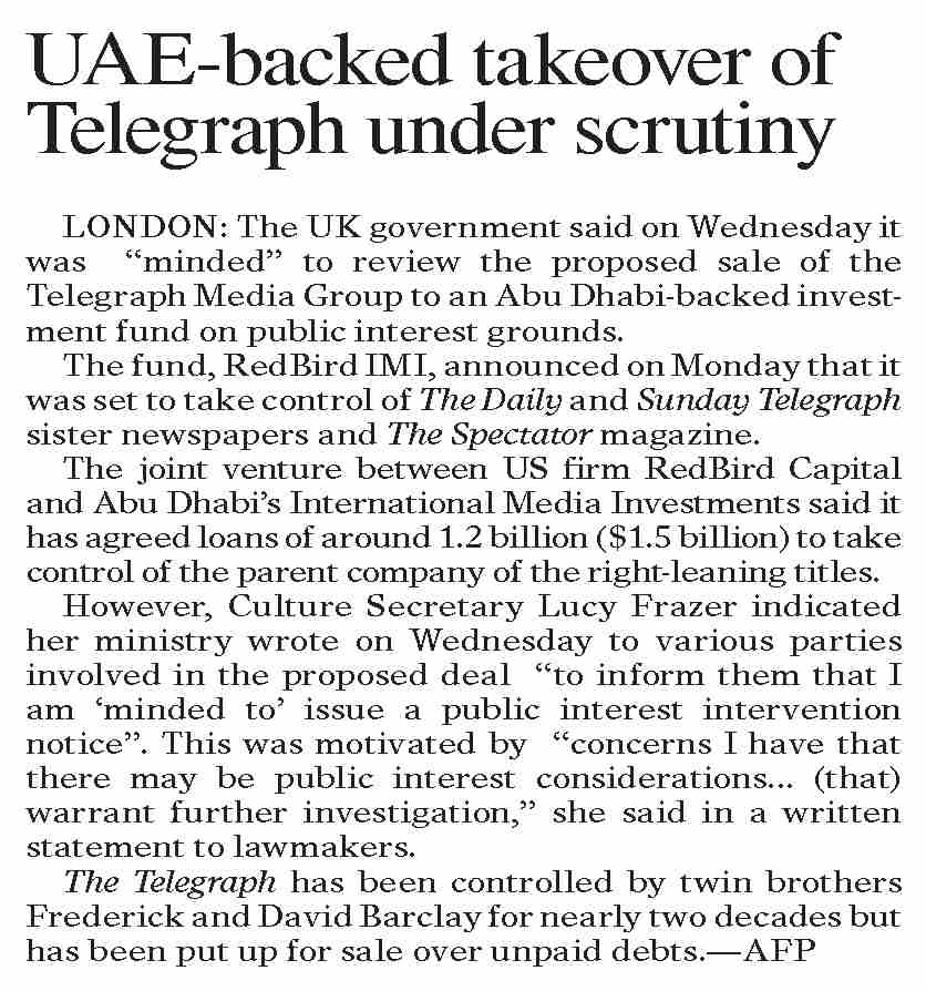 Dawn-ePaper | Nov 23, 2023 | UAE-backed takeover of Telegraph under ...