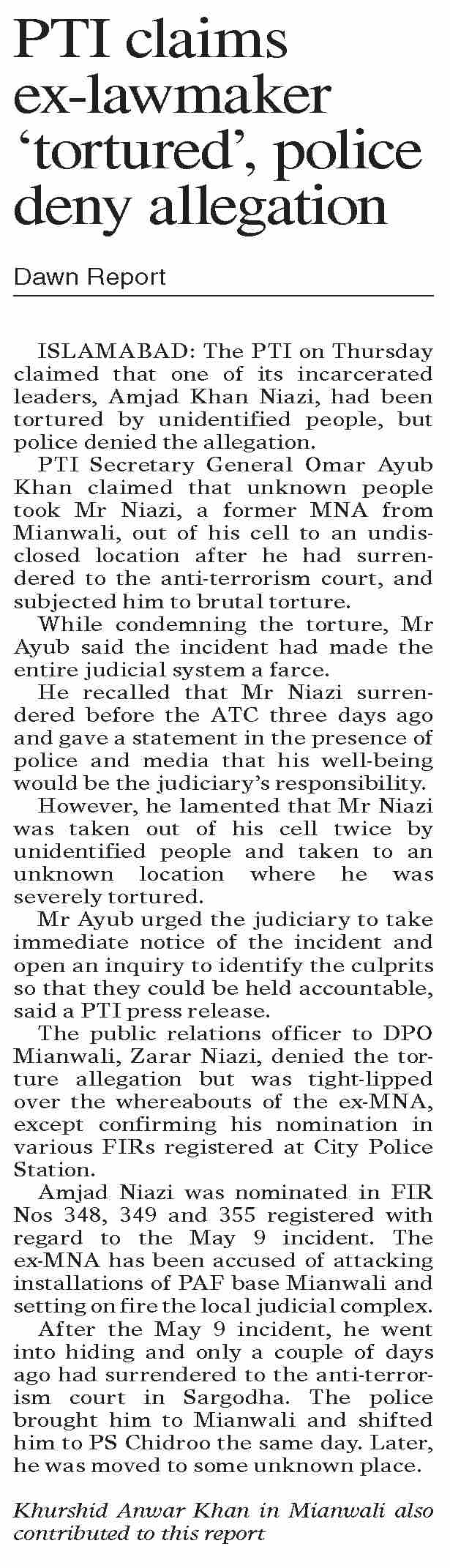 Dawn-ePaper | Nov 24, 2023 | PTI claims ex-lawmaker `tortured`, police ...