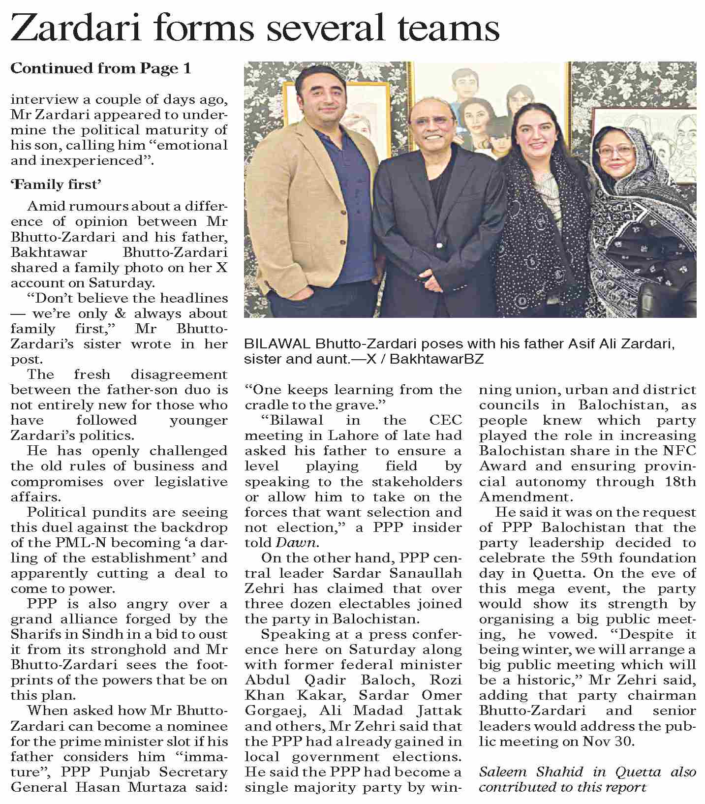 Dawn-ePaper | Nov 26, 2023 | Zardari forms several teams to woo electables