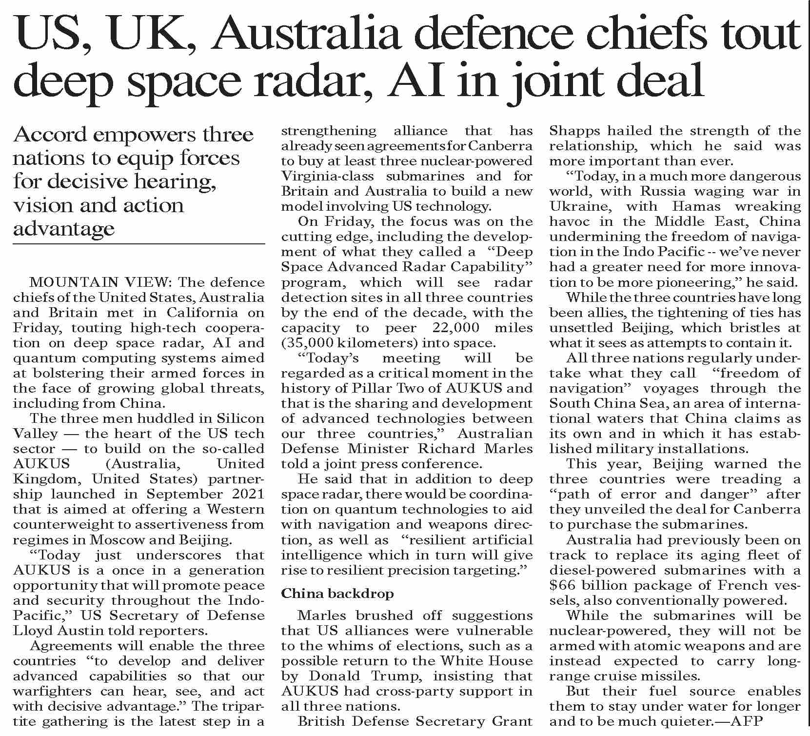 Dawn-ePaper | Dec 03, 2023 | US, UK, Australia defence chiefs tout deep ...