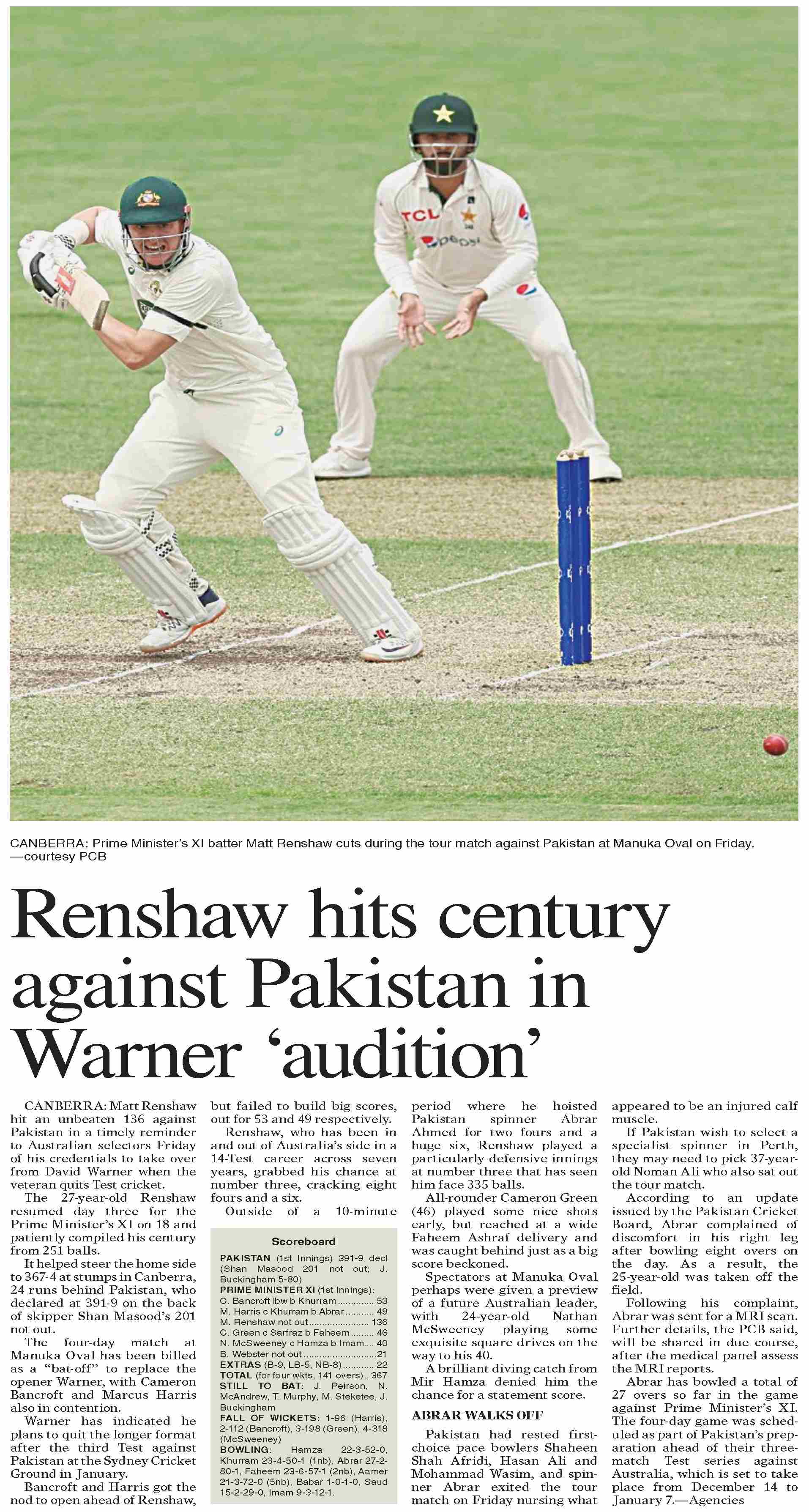 Dawn-ePaper | Dec 09, 2023 | Renshaw hits century against Pakistan in ...