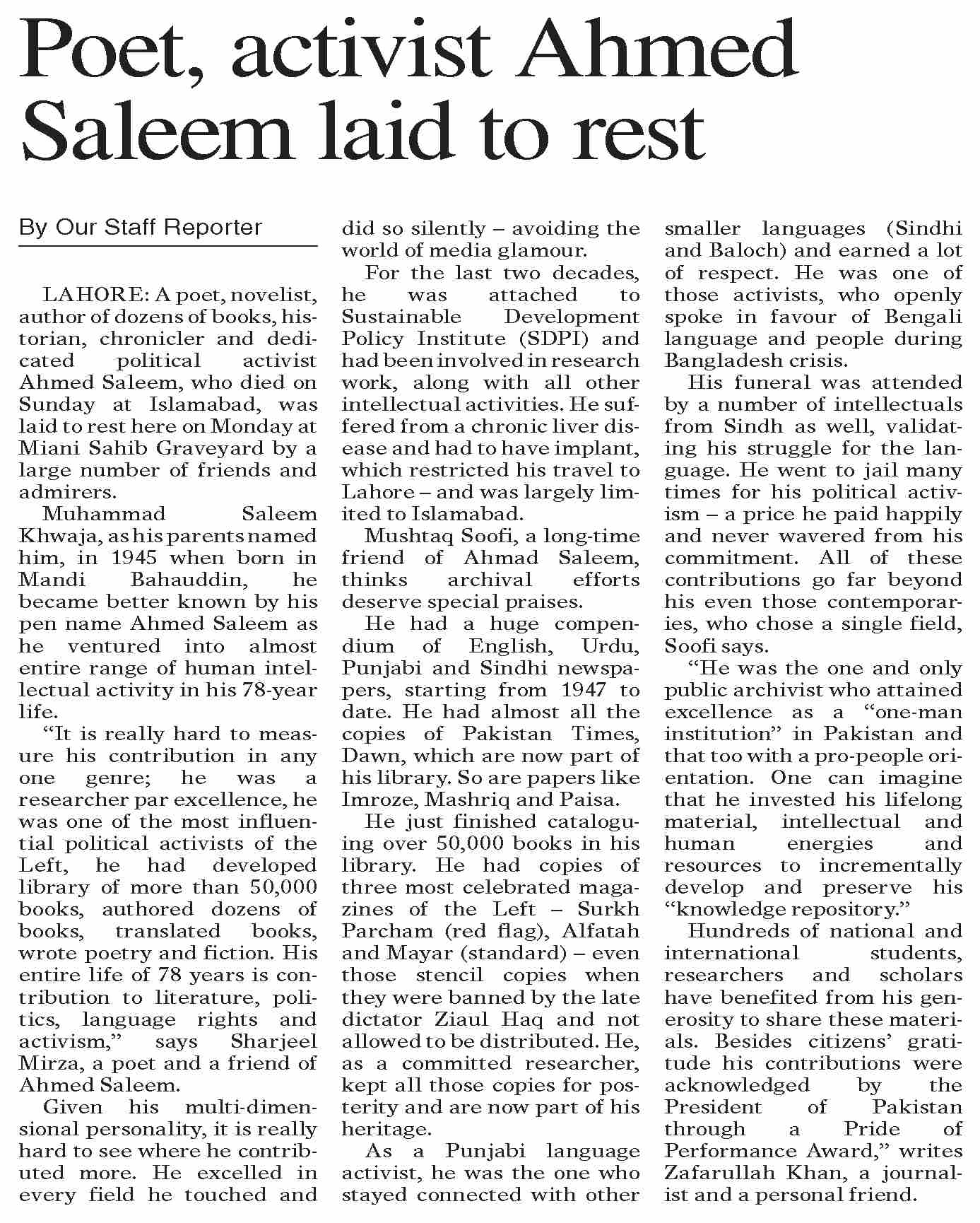 Dawn-ePaper | Dec 12, 2023 | Poet, activist Ahmed Saleem laid to rest