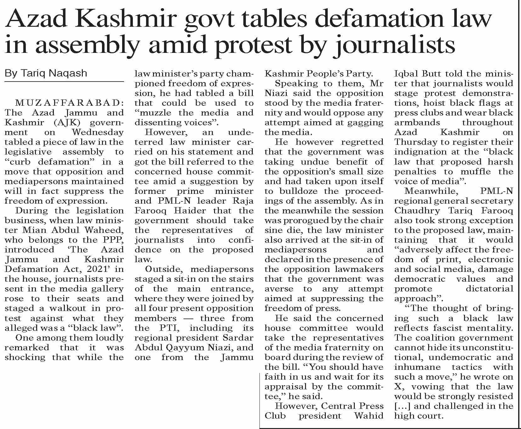 Dawn-ePaper | Dec 14, 2023 | Azad Kashmir govt tables defamation law in ...