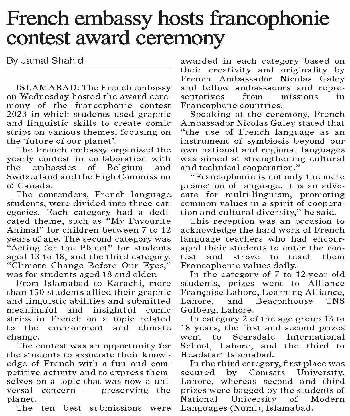 Dawn-ePaper | Dec 14, 2023 | French embassy hosts francophonie contest ...