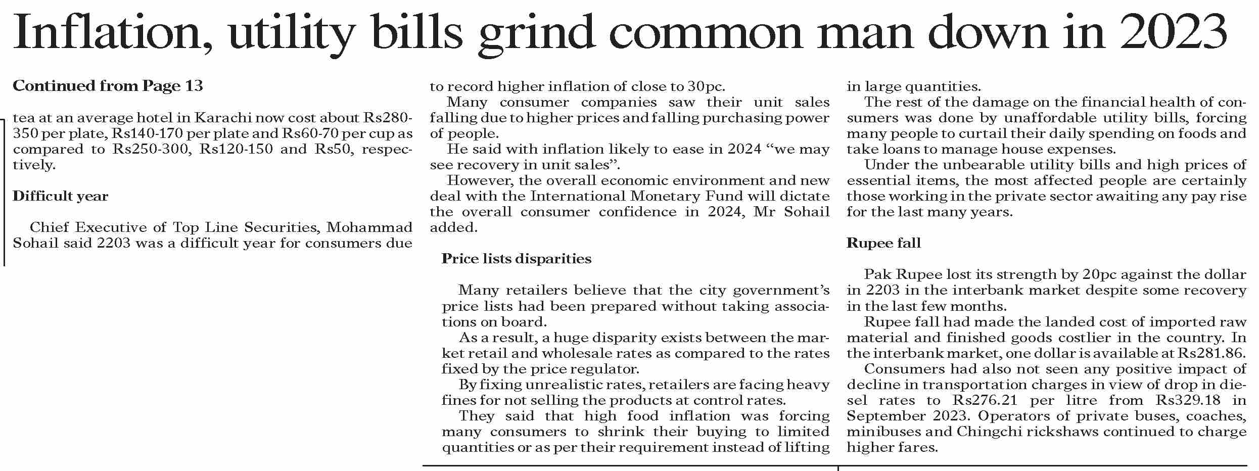 Dawn-ePaper | Jan 01, 2024 | Back-breaking inflation, utility bills ...