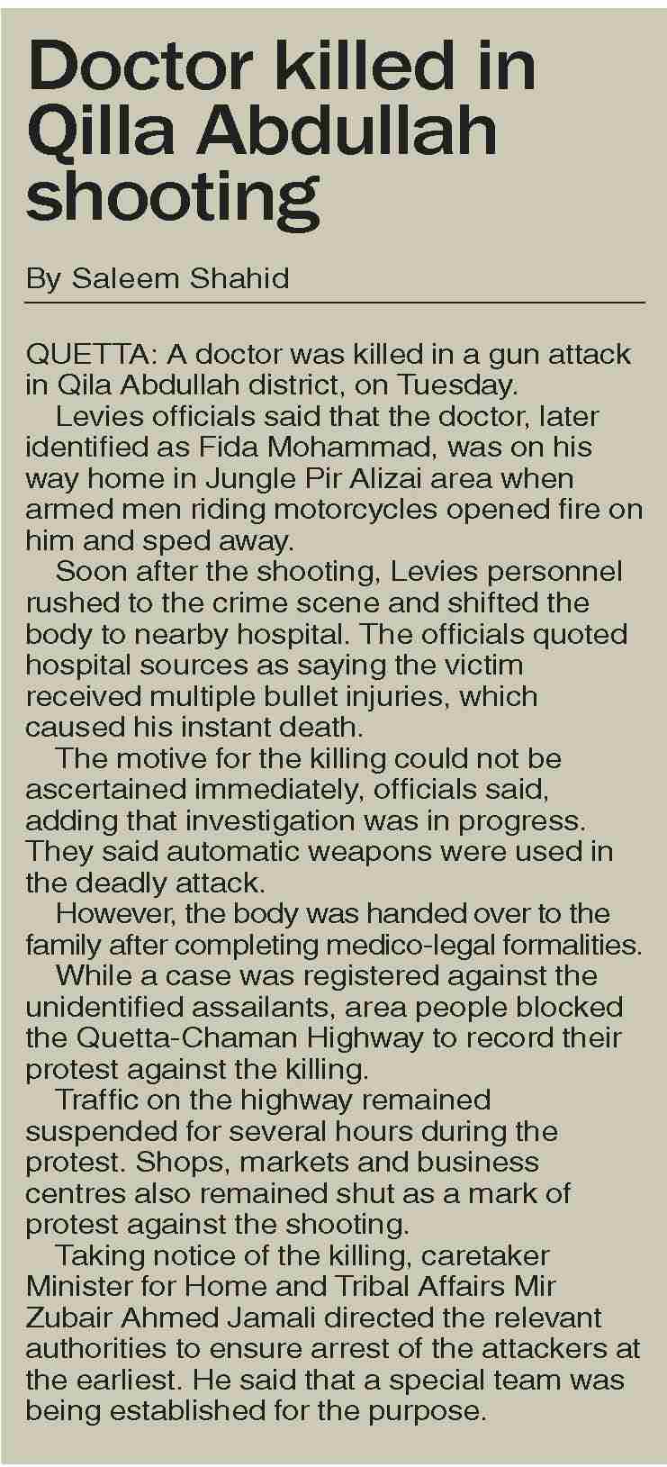 Dawn-ePaper | Jan 03, 2024 | Doctor killed in Qilla Abdullah shooting