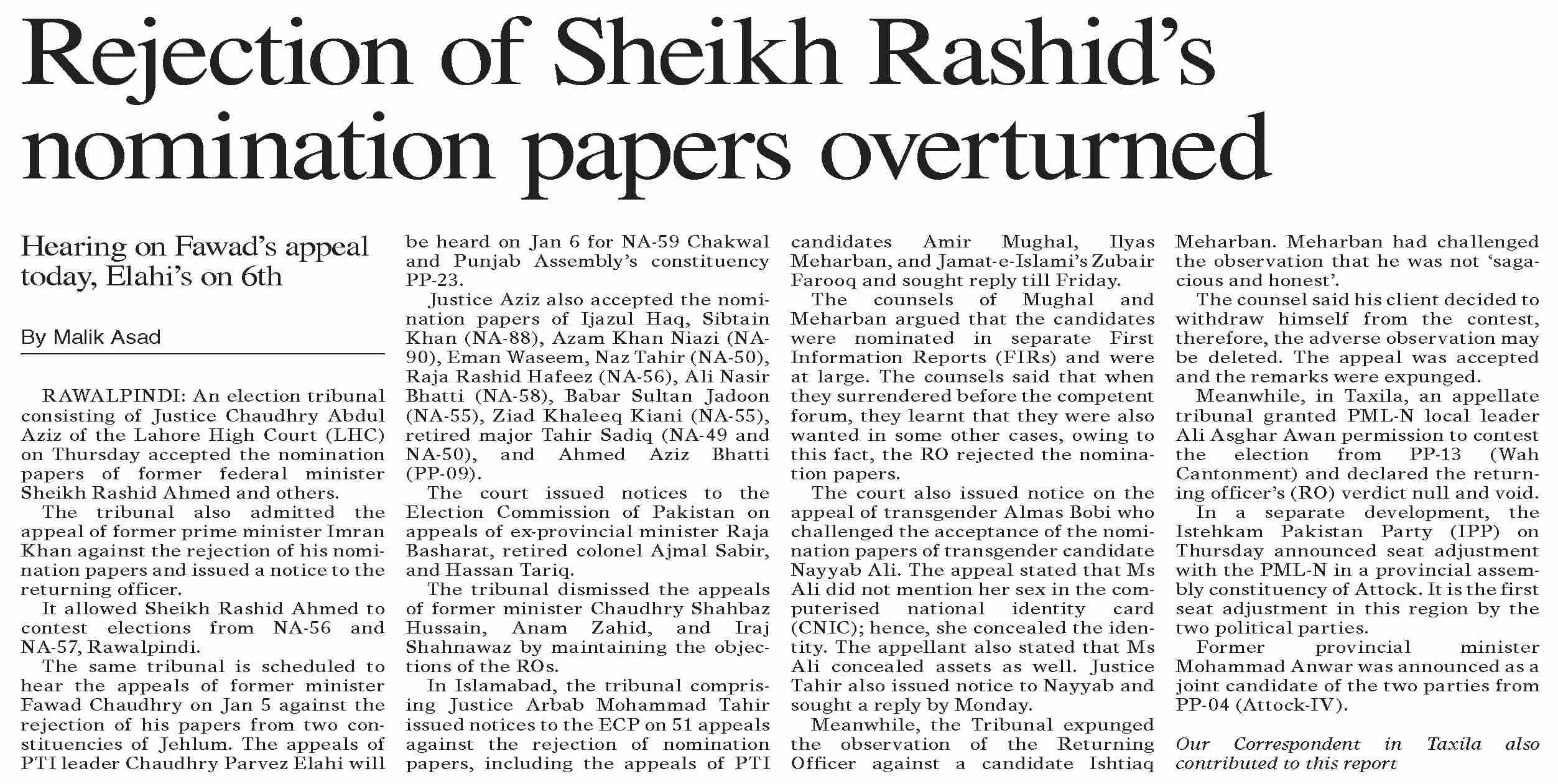 Dawn-ePaper | Jan 05, 2024 | Rejection of Sheikh Rashid`s nomination ...