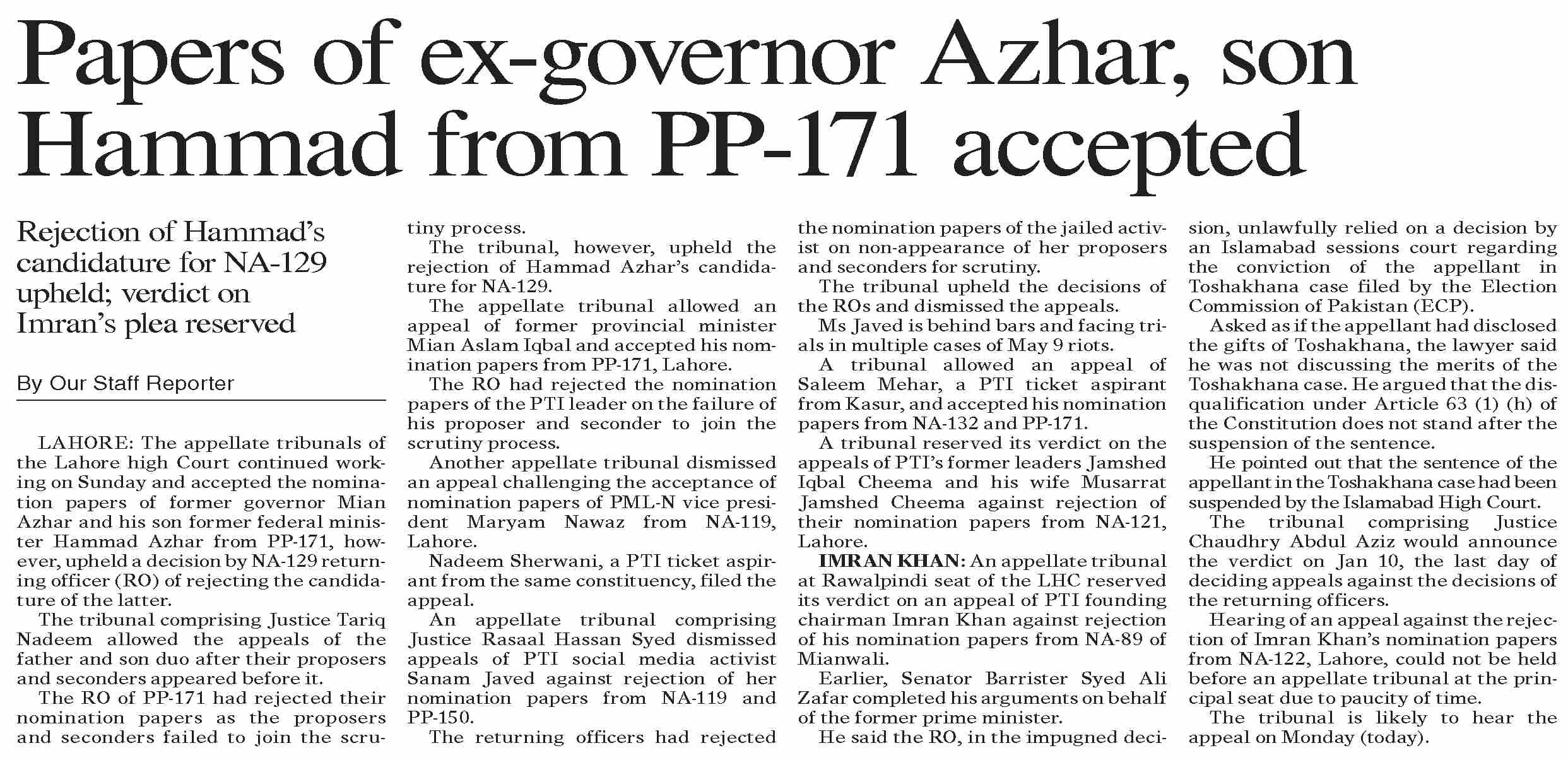 Dawn-ePaper | Jan 08, 2024 | Papers of ex-governor Azhar, son Hammad ...