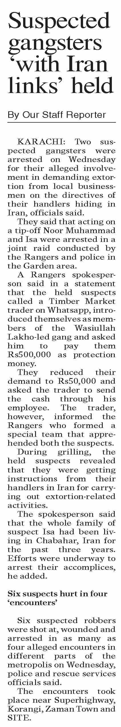 Dawn-ePaper | Jan 18, 2024 | Suspected gangsters `with Iran links` held