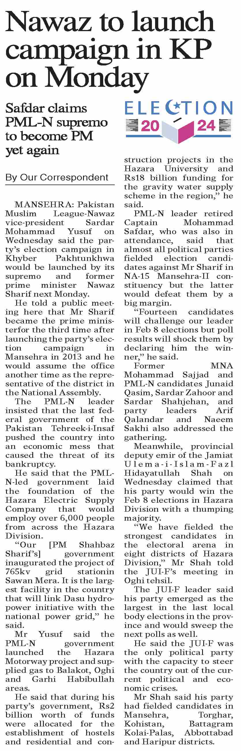 Dawn-ePaper | Jan 18, 2024 | Nawaz to launch campaign in KP on Monday