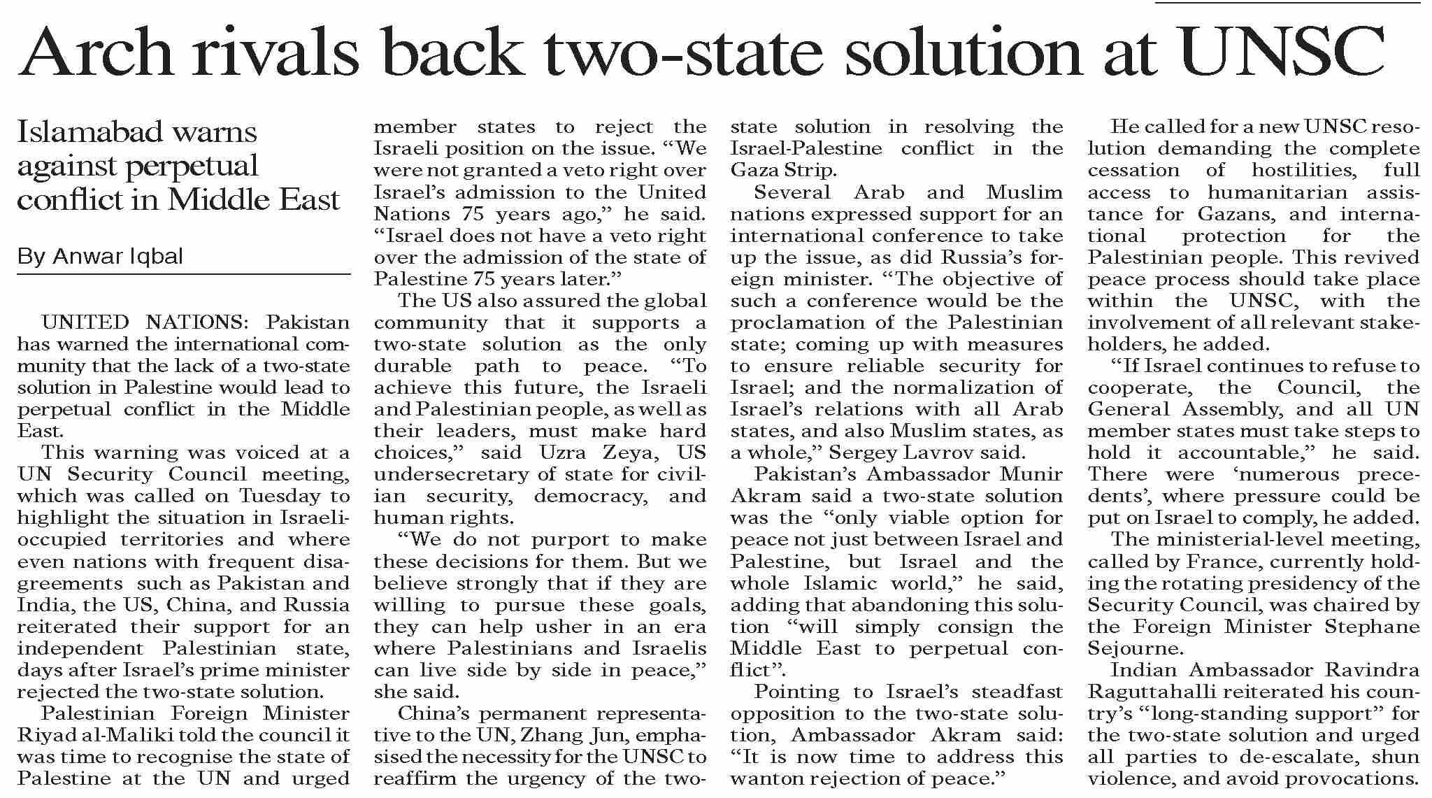 Dawn-ePaper | Jan 25, 2024 | Arch rivals back two-state solution at UNSC